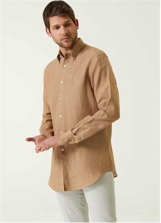 Pal Zileri Erkek Bej Polo Yaka Keten Gömlek 40 IT