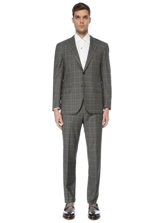 Corneliani Erkek Gri Ekose Desenli Yün Takım Elbise 52 IT