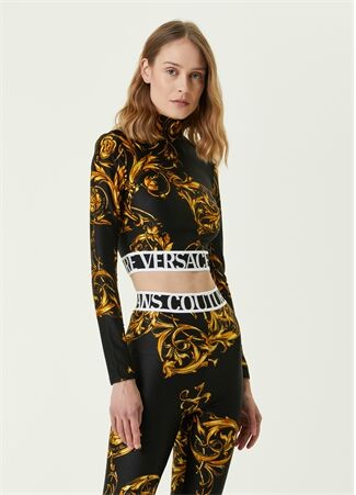 Versace Jeans Couture Kadın Siyah Gold Dik Yaka Desenli Crop Bluz 38 IT