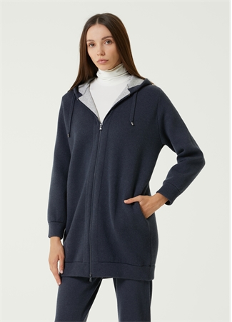 Brunello Cucinelli Kadın Lacivert Gri Kapüşonlu Kaşmir Sweatshirt XS EU