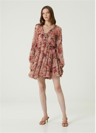 Zimmermann Kadın Cassia Pembe Çiçekli Fırfırlı Mini İpek Elbise 2 US Zimmermann Kadın Cassia Pembe Çiçekli Fırfırlı Mini İpek Elbise 2 US