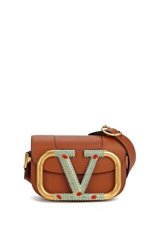 Valentino Garavani Kadın VLogo Kahverengi Deri Omuz Çantası EU
