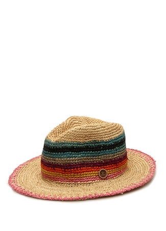 Catarzi Kadın Bej Çizgi Desenli Hasır Dokulu Şapka 55 EU