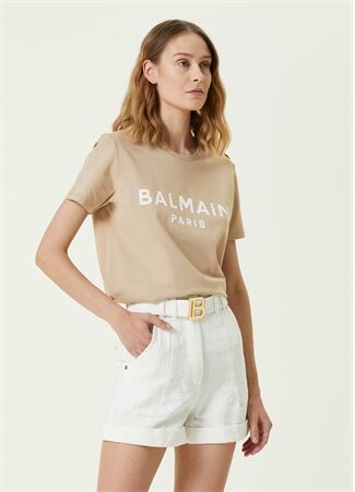 Balmain Kadın Bej Bisiklet Yaka Logolu T-shirt S EU