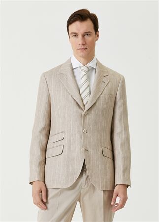 Brunello Cucinelli Erkek Bej Çizgili Keten Ceket 54 IT Brunello Cucinelli Erkek Bej Çizgili Keten Ceket 54 IT