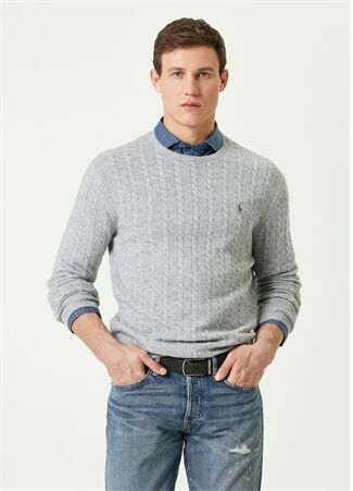 Polo Ralph Lauren Erkek Gri Saç Örgü Dokulu Yün Kazak XS EU