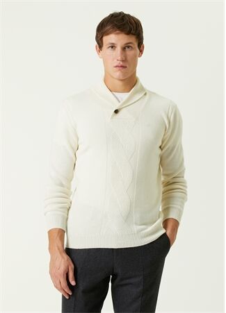 Corneliani Erkek Ekru Yaka Detaylı Örgü Dokulu Yün Kazak Bej 54 IT