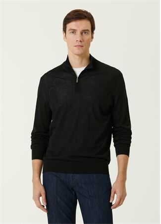 Zegna Erkek Siyah Yakası Fermuarlı Yün Kazak 54 IT