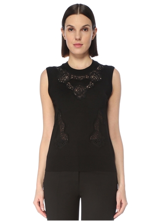 Dolce&Gabbana Kadın Siyah Bisiklet Yaka Dantelli Kolsuz Kaşmir Triko 40 IT