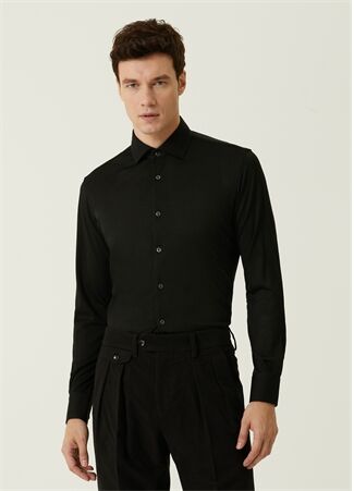Maurizio Baldassari Erkek Siyah Modern Yaka Yün Gömlek XL EU