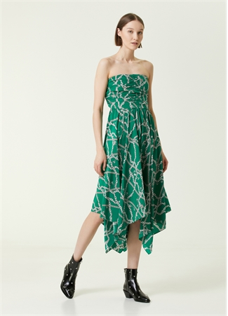 Zadig&Voltaire Kadın Yeşil Straplez Desenli Midi İpek Elbise XS EU
