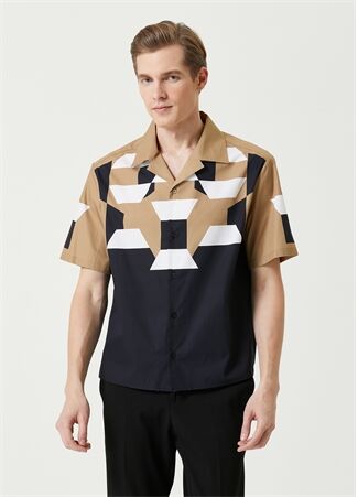 Neil Barrett Erkek Bej Siyah Geometrik Desenli Gömlek S EU