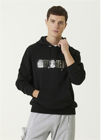 Balmain Erkek Siyah Kapüşonlu Metalik Logolu Sweatshirt L EU Balmain Erkek Siyah Kapüşonlu Metalik Logolu Sweatshirt L EU