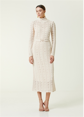 Zimmermann Kadın Krem Dik Yaka Kemerli Midi Merino Elbise Bej 0 US