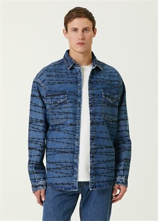 VETEMENTS Erkek Mavi Tel Baskılı Jean Gömlek S EU