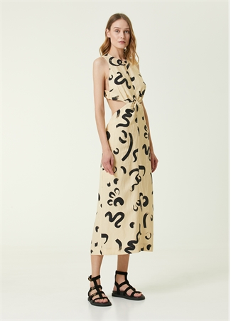 Alemais Kadın Krem Desenli Sırt Detaylı Midi İpek Elbise 0 US