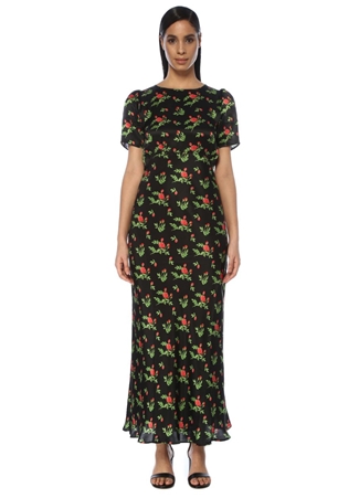 Bernadette Kadın Siyah Çiçekli Kısa Kol Maksi İpek Elbise 36 IT