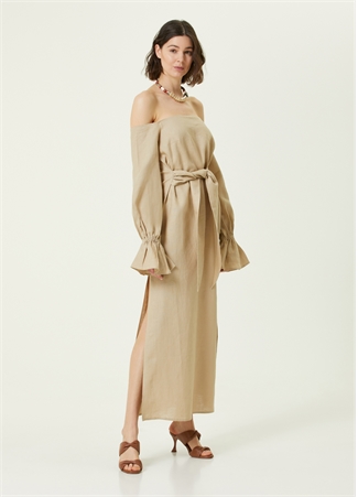 Selma Çilek Kadın Bej Düşük Omuzlu Maksi Keten Kaftan Elbise S Eu