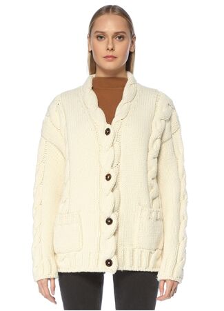 Dolce&Gabbana Kadın Ekru V Yaka Saç Örgü Yün Hırka Beyaz 38 IT