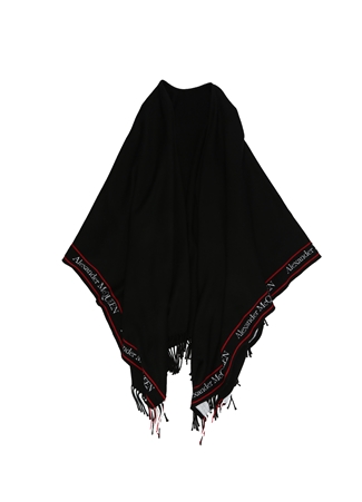 Alexander Mcqueen Kadın Siyah Logo Bantlı Püsküllü Yün Şal Eu