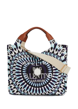 Valentino Garavani Kadın Mavi Beyaz Batik Desenli Keten Omuz Çantası EU Valentino Garavani Kadın Mavi Beyaz Batik Desenli Keten Omuz Çantası EU