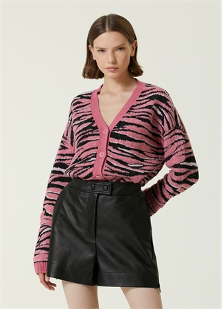 Stella McCartney Kadın Pembe V Yaka Zebra Jakarlı Yün Hırka 38 IT