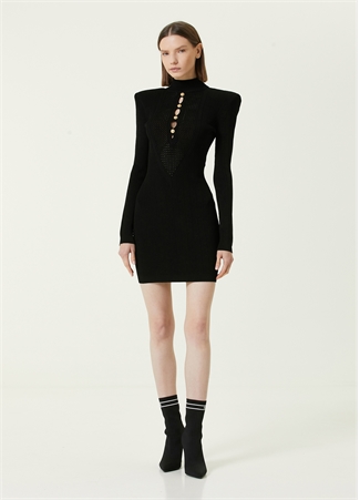 Balmain Kadın Siyah Dik Yaka Kesim Detaylı Mini Triko Elbise 36 FR Balmain Kadın Siyah Dik Yaka Kesim Detaylı Mini Triko Elbise 36 FR