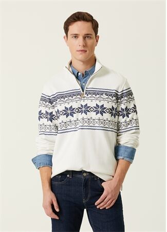 Polo Ralph Lauren Erkek Beyaz Etnik Desen Jakarlı Sweatshirt XL EU