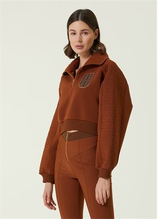 Raisa Vanessa Kadın Kahverengi Dik Yaka Crop Sweatshirt 36 EU