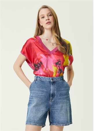 Beymen Club Kadın Pembe Dev Fırça Çiçek Desenli Kısa Kol Kazak Xs