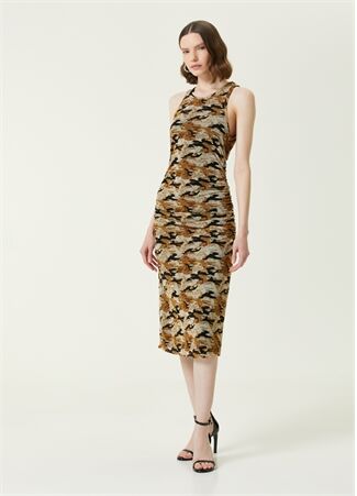 Academia Kadın Karamel Kamuflaj Desenli Büzgülü Midi Elbise Kahverengi Xs Eu