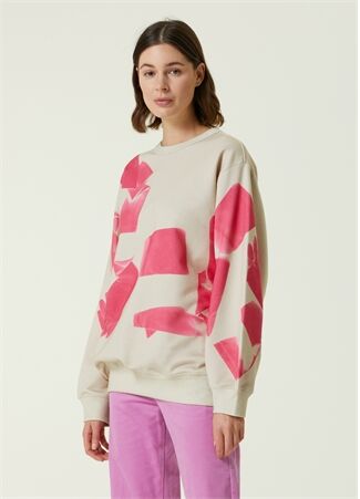 Dries Van Noten Kadın Bej Pembe Bisiklet Yaka Desenli Sweatshirt S EU