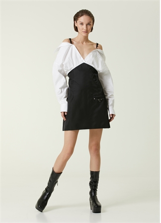 Prada Kadın Siyah Beyaz Düşük Omuzlu Mini Gömlek Elbise 40 IT