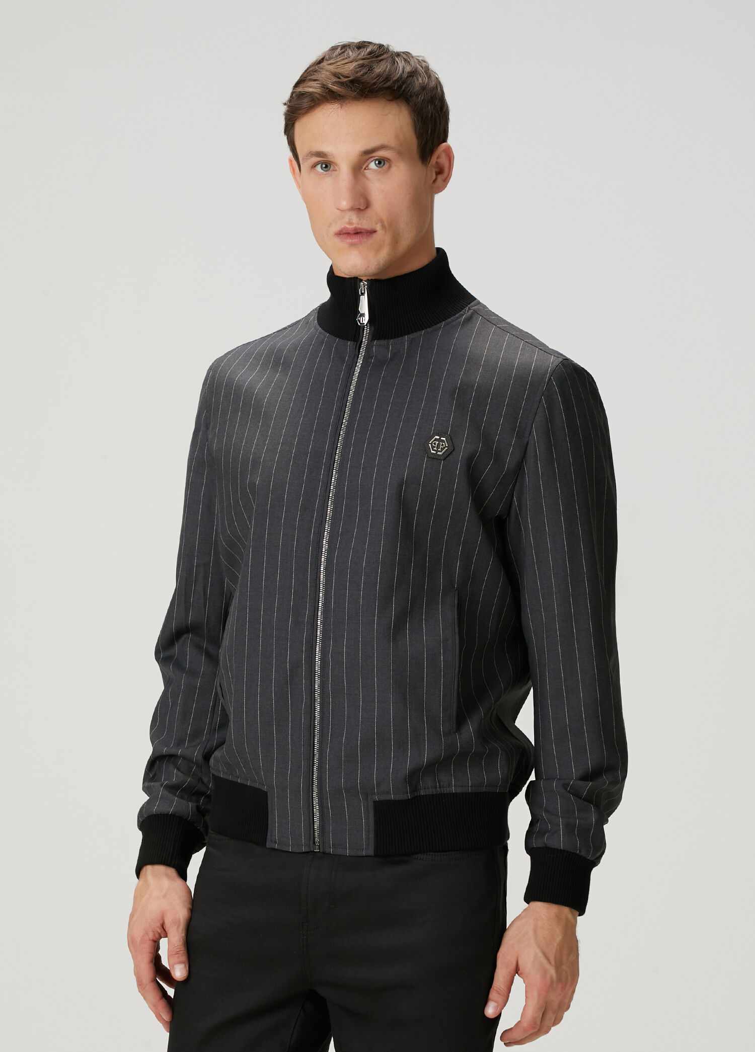Philipp Plein - Dark Grey Stripe Pattern Wool Bomber Coat