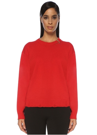 Versace Kadın Kırmızı Yıpratma Detaylı Kaşmir Kazak 40 IT