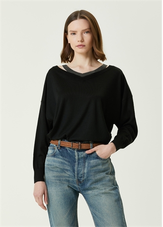 Brunello Cucinelli Kadın Siyah V Yaka Zincir Şeritli Kaşmir Kazak S EU Brunello Cucinelli Kadın Siyah V Yaka Zincir Şeritli Kaşmir Kazak S EU