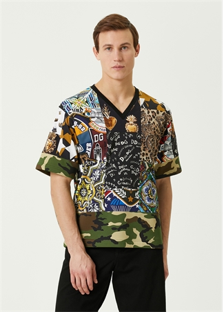Dolce&Gabbana Erkek Haki V Yaka Karışık Desenli T-shirt 46 IT Dolce&Gabbana Erkek Haki V Yaka Karışık Desenli T-shirt 46 IT