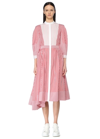 Alexander McQueen Kadın Kırmızı Beyaz Çizgi Desenli Volanlı Midi Elbise 38 IT