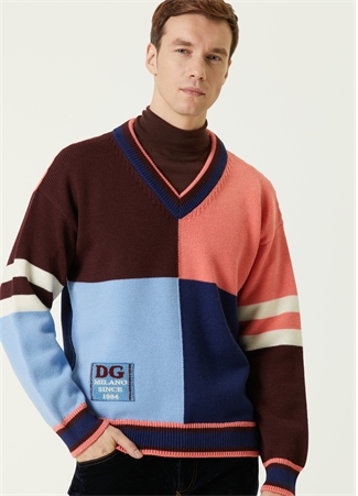 Dolce&Gabbana Erkek Colorblocked V Yaka Logolu Yün Kazak 44 IT
