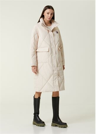 Tommy Jeans Kadın Bej Logolu Kapitoneli Mont Gri S EU