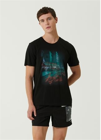 Academia Erkek Siyah Bisiklet Yaka Baskılı T-shirt M EU