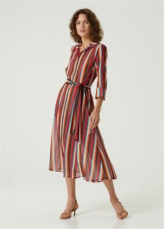 Beymen Club Kadın Çizgili Beli Kuşaklı Midi Gömlek Elbise XS EU