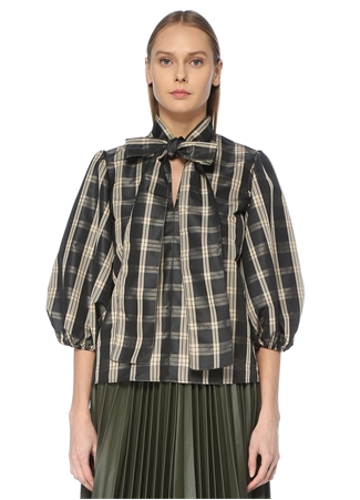 Red Valentino Kadın Siyah Yakası Bağcıklı Ekoseli Balon Kol Bluz 42 IT