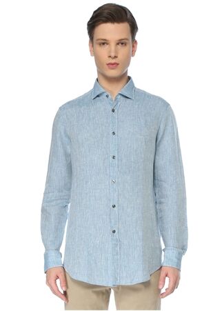 Pal Zileri Erkek Mavi Düğmeli Yaka Keten Gömlek 44 IT