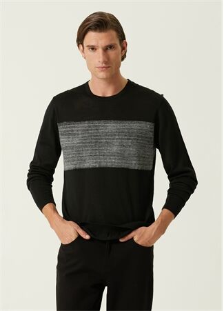 Network Erkek Slim Fit Siyah Göğsü Desenli Yün Kazak Bej L EU