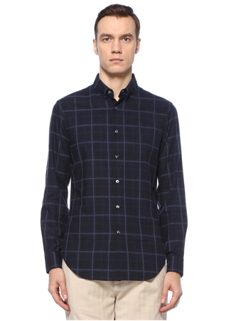 Pal Zileri Erkek Lacivert Polo Yaka Kareli Gömlek 4 IT