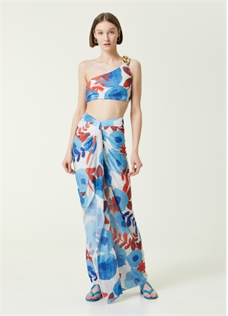 Raisa Vanessa Kadın Mavi Çiçekli Drape Detaylı Maksi Etek 38 EU