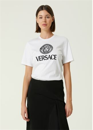 Versace Kadın Beyaz Bisiklet Yaka Logolu T-shirt 42 IT