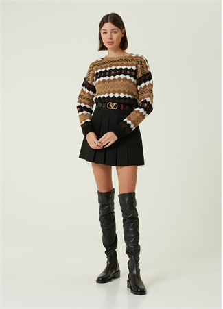 Valentino Kadın Krem Siyah Logo Jakarlı Yün Kazak S EU