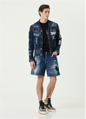 Dsquared2 Erkek Mavi Fırça Darbe Desenli Yıpratmalı Denim Bermuda 46 It Dsquared2 Erkek Mavi Fırça Darbe Desenli Yıpratmalı Denim Bermuda 46 It